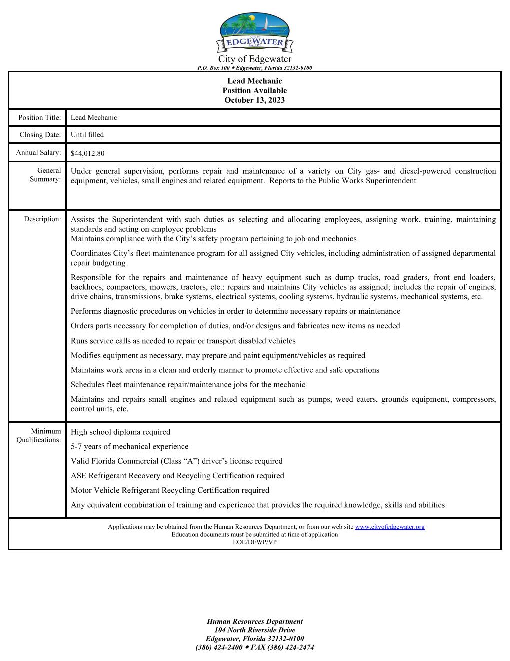 City of Edgewater: Lead Mechanic – APWA Florida Chapter