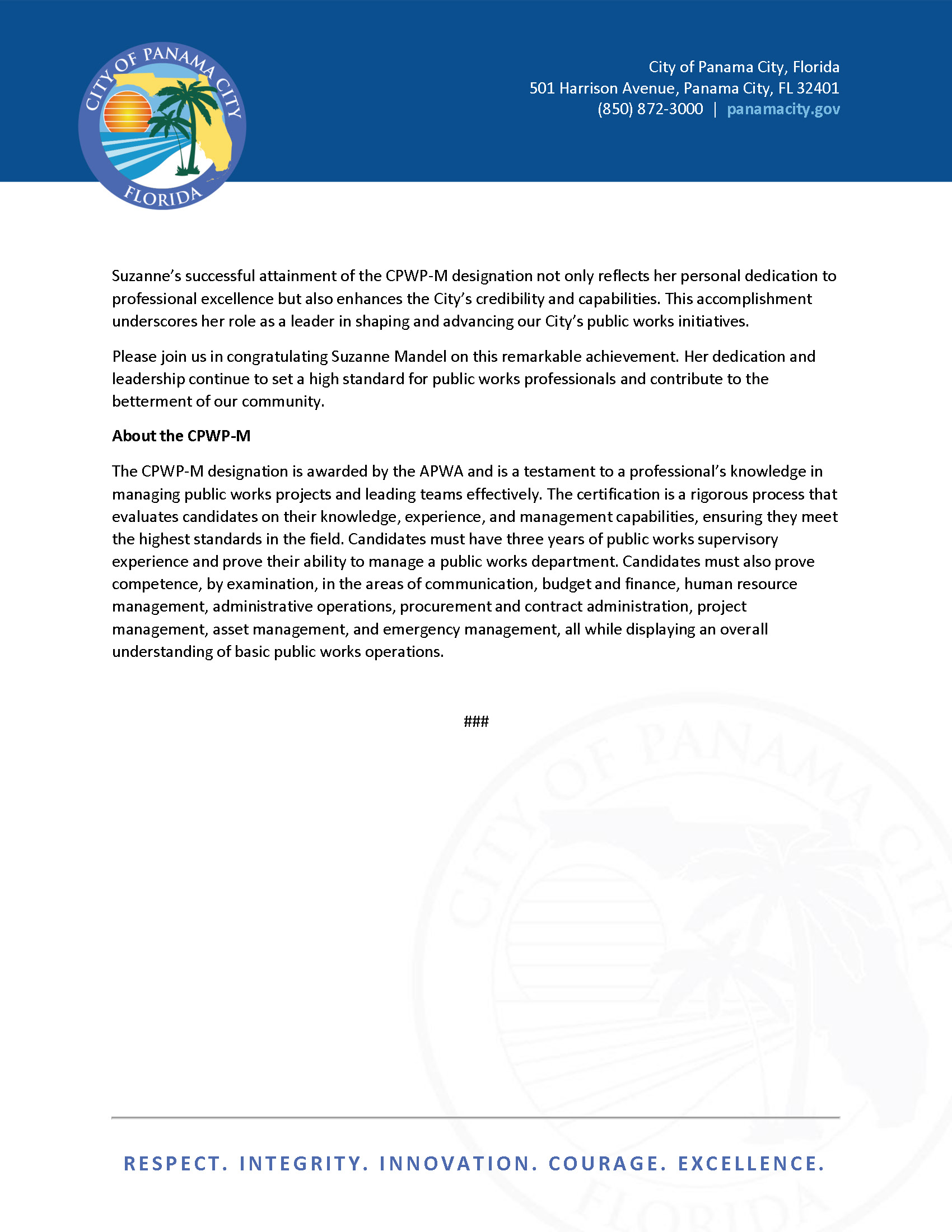 Congratulations Suzanne Mandel on achieving APWA CPWP-M – APWA Florida ...